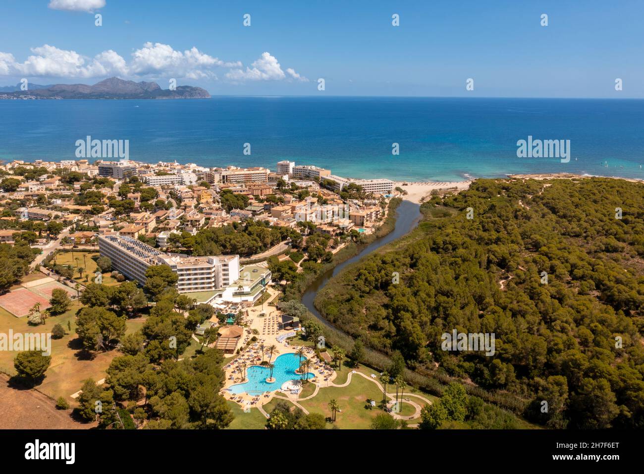 Aerial drone photo of the beach front on the Spanish island of Majorca ...