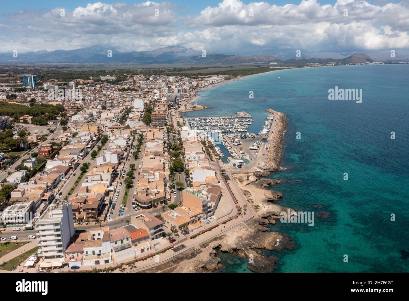 Aerial drone photo of the beach front on the Spanish island of Majorca ...