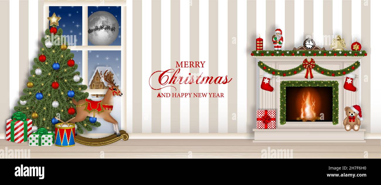 Merry christmas banner with fireplace, christmas tree and toys Stock ...