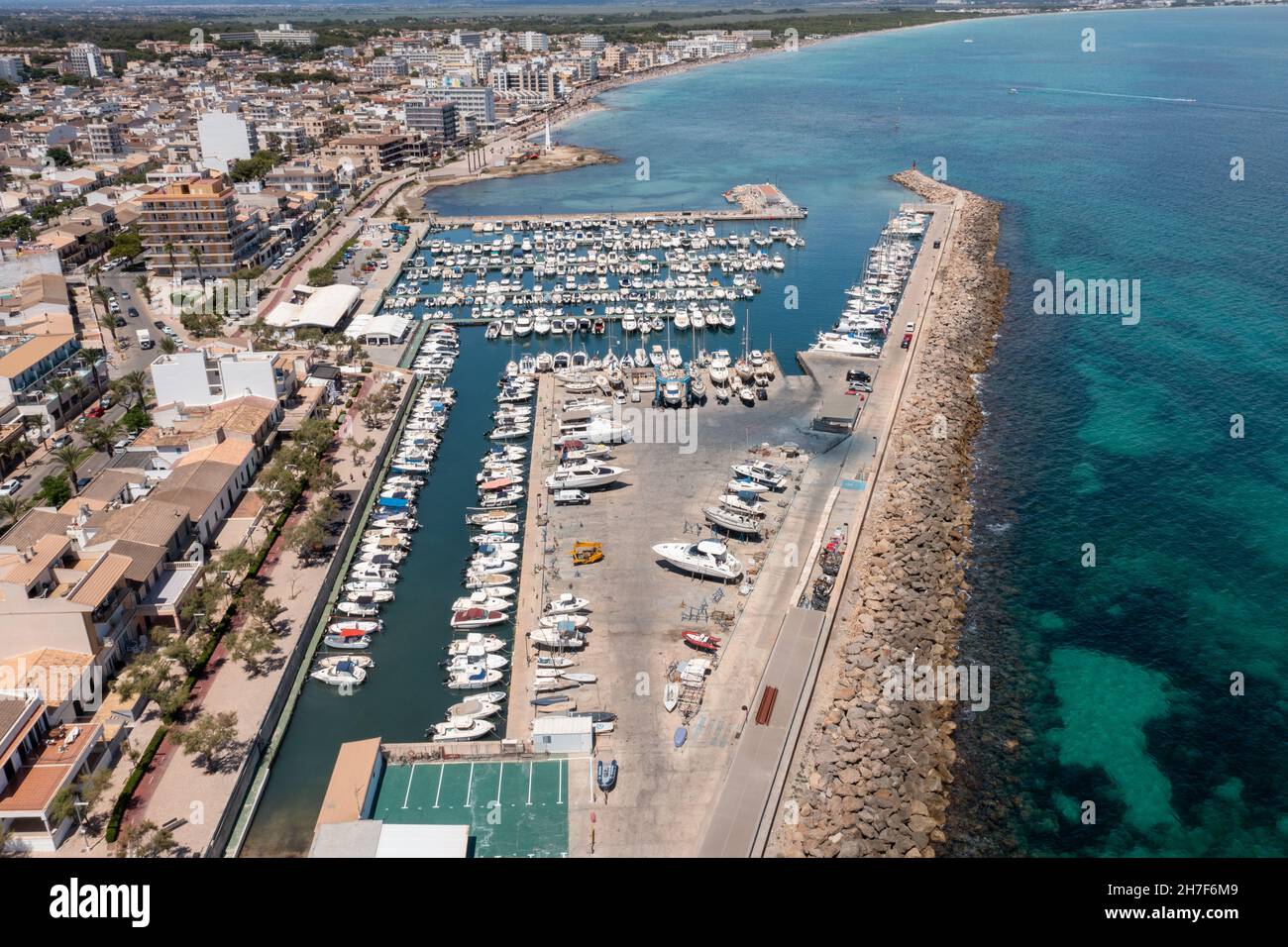 Aerial drone photo of the beach front on the Spanish island of Majorca ...