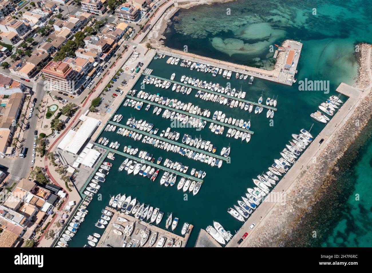 Aerial drone photo of the beach front on the Spanish island of Majorca ...
