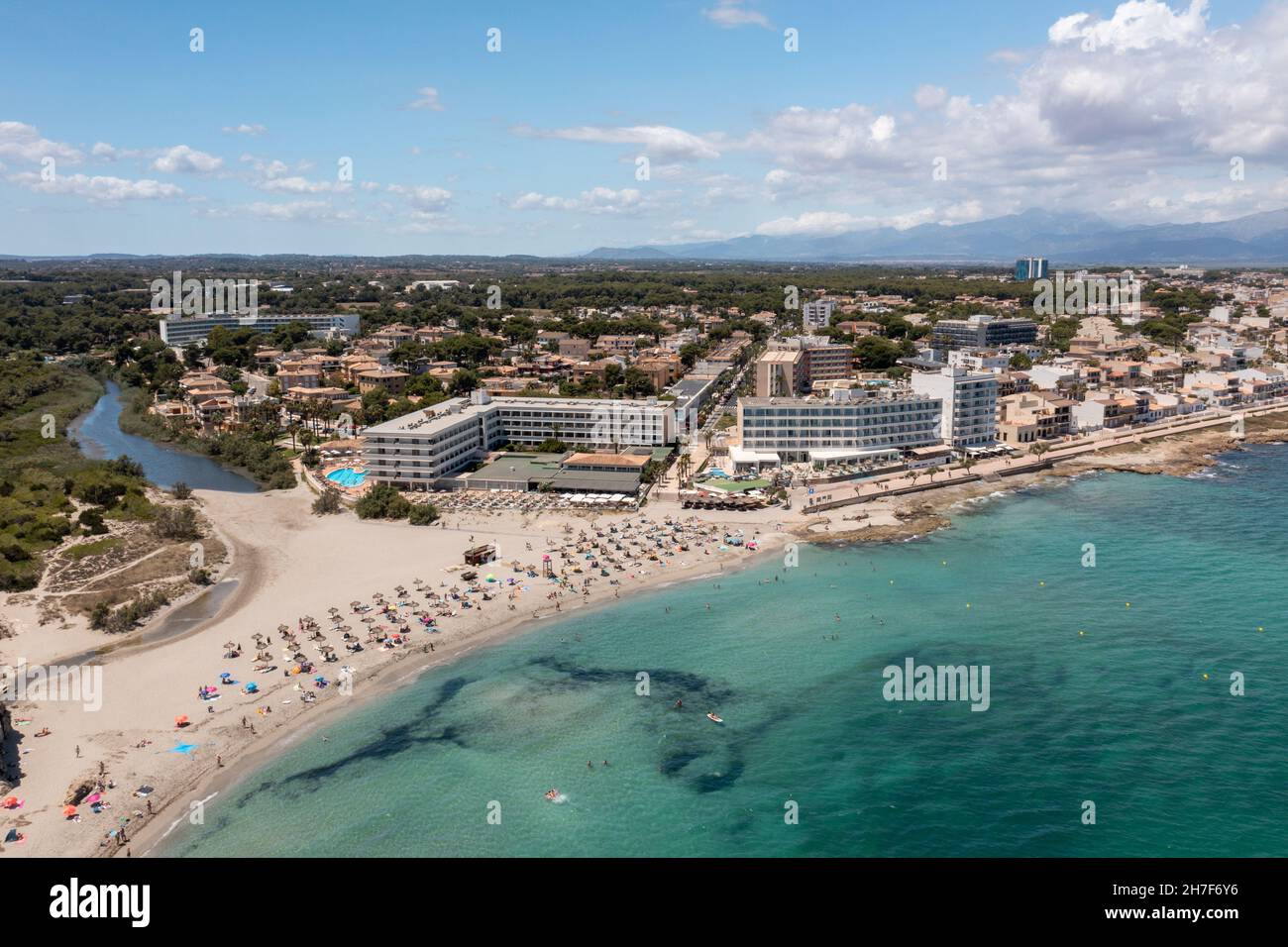 Aerial drone photo of the beach front on the Spanish island of Majorca ...