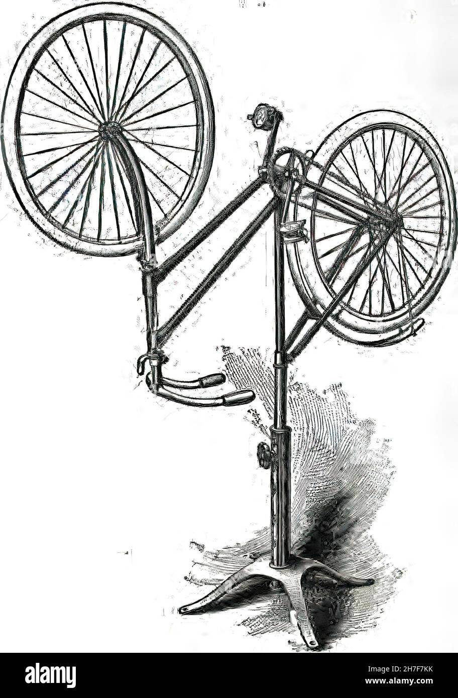 19th-century vintage black illustration of a bicycle repairing process ...