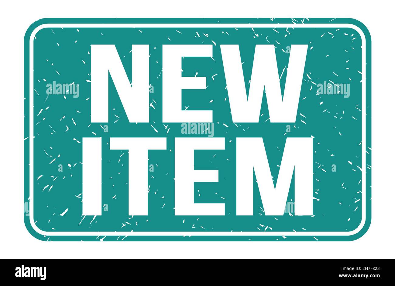 NEW ITEM, words written on blue rectangle stamp sign Stock Photo - Alamy