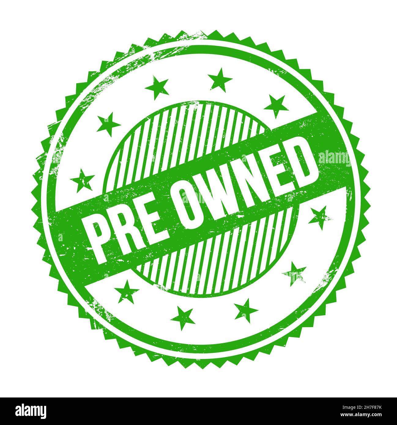 PRE OWNED text written on green grungy zig zag borders round stamp ...