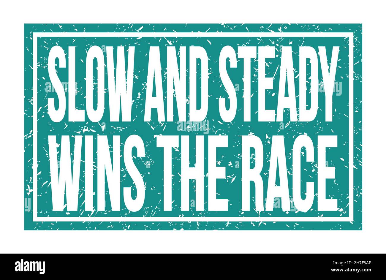 SLOW AND STEADY WINS THE RACE, words written on blue rectangle stamp ...