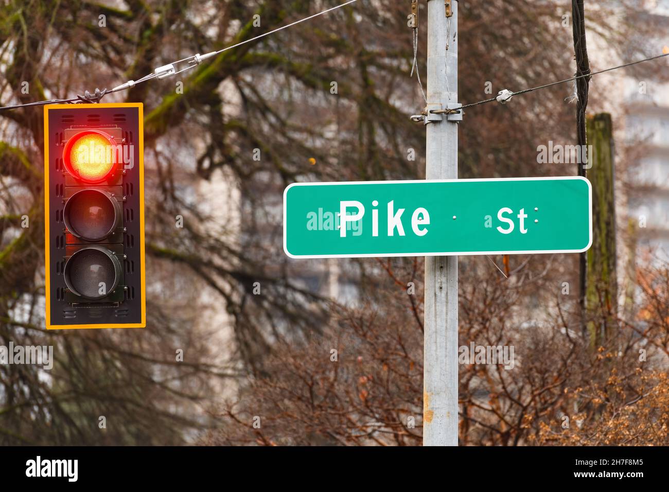 Seattle - November 21, 2021; Sign for Pike Street in Seattle attached ...
