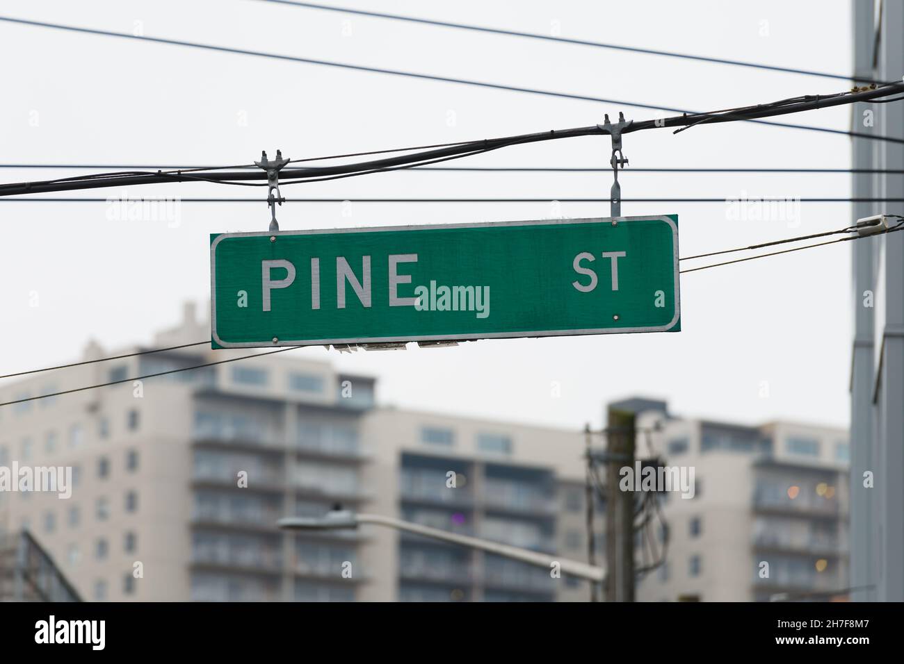 Seattle - November 21, 2021; Sign for Pine Street in Seattle with white ...