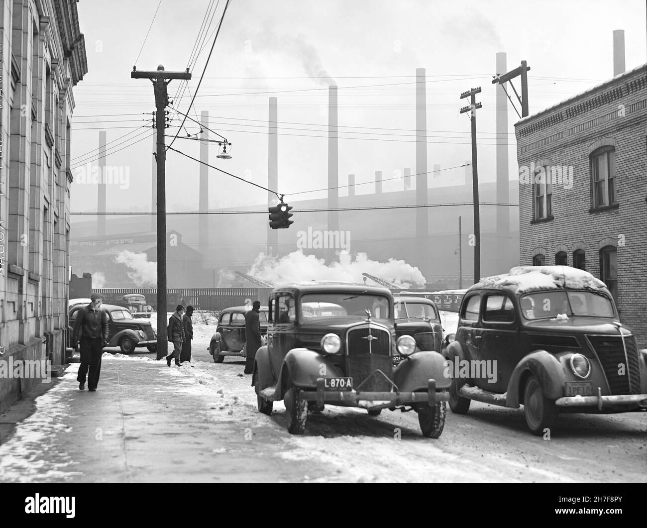 Cars of Steelworkers leaving Mill, Midland, Pennsylvania, USA, Jack ...