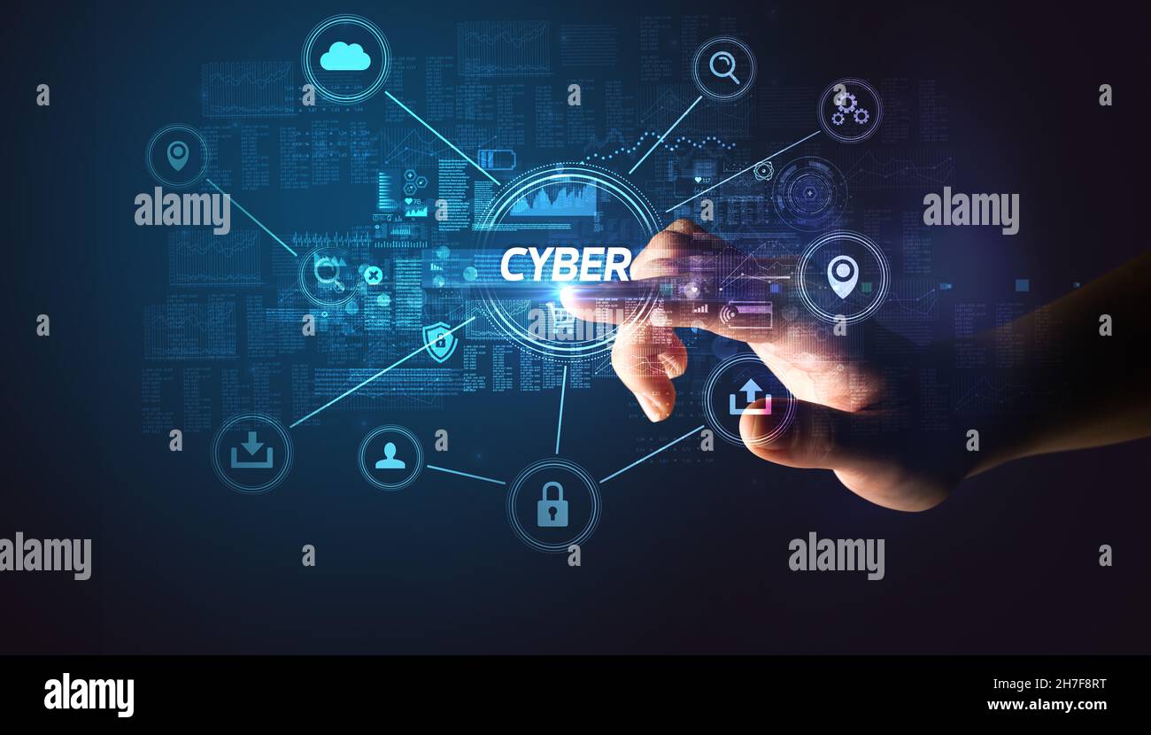 Hand touching cybersecurity button concept Stock Photo - Alamy