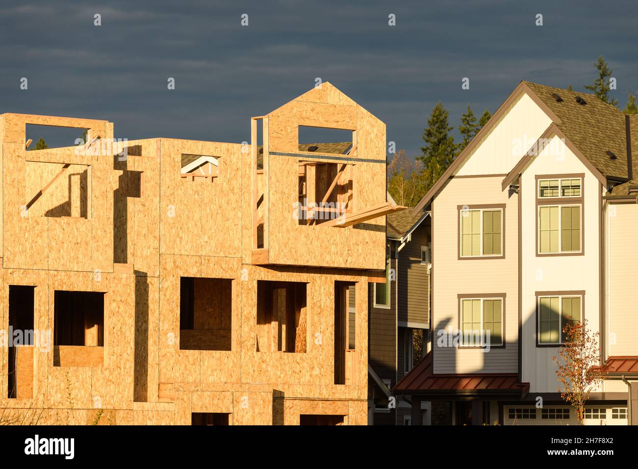 Duvall, WA, USA - November 21, 2021; Building of new homes next to ...