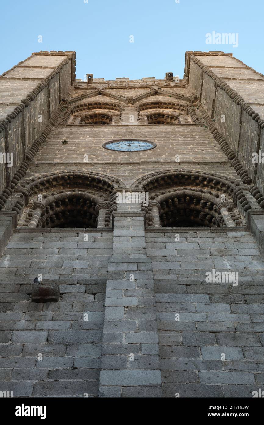 Low angle view of the tower of the Ávila Cathedral or Cathedral of the ...