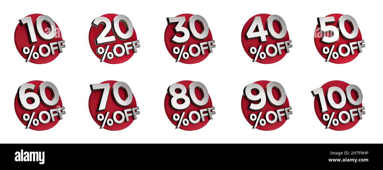 3D illustration of a series of red percentage discount signs from 10 to ...
