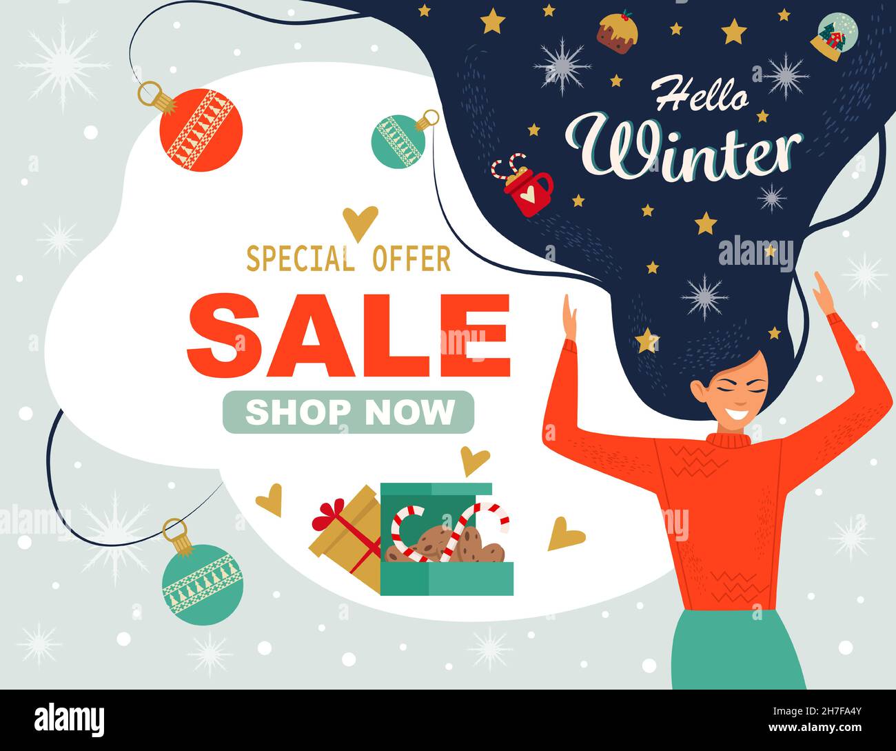 Hello winter. Winter sale. Beautiful smiling girl with an inscription ...