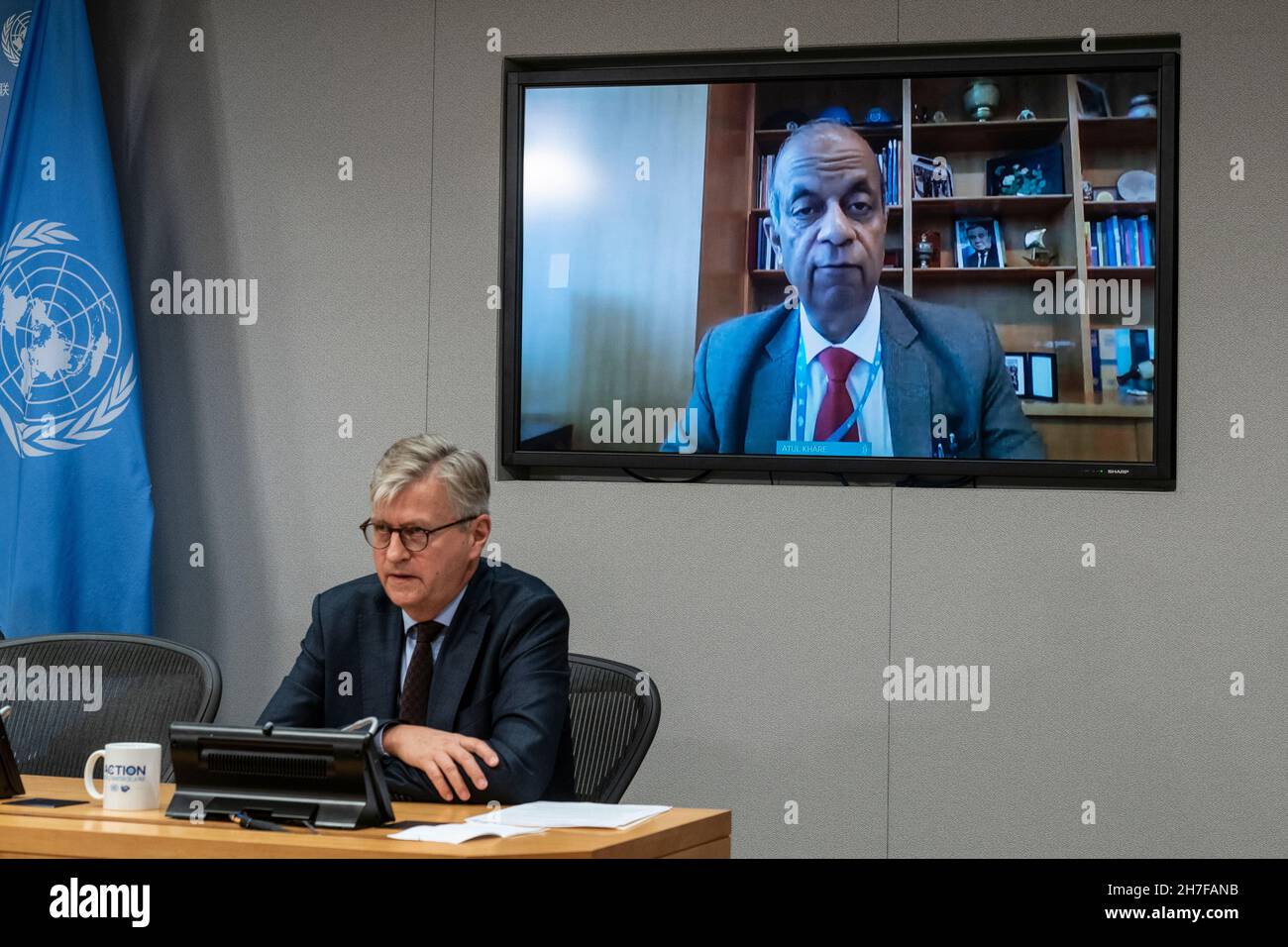 New York, NY - November 22, 2021: Atul Khare speaks via video link ...