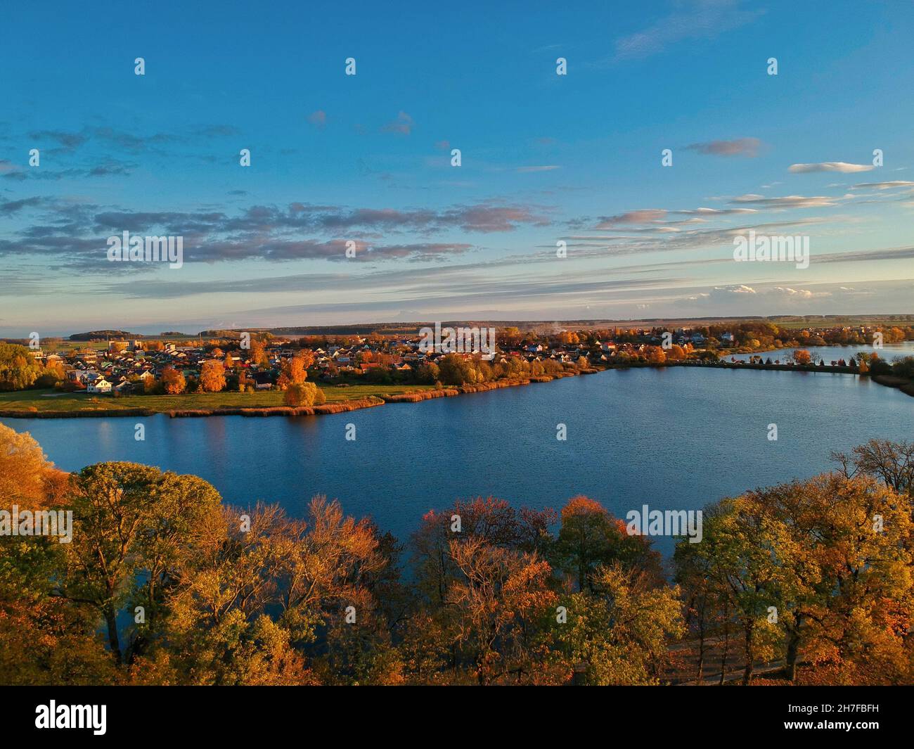 Aerial view of the buildings, lakes and parks in the Minsk region ...