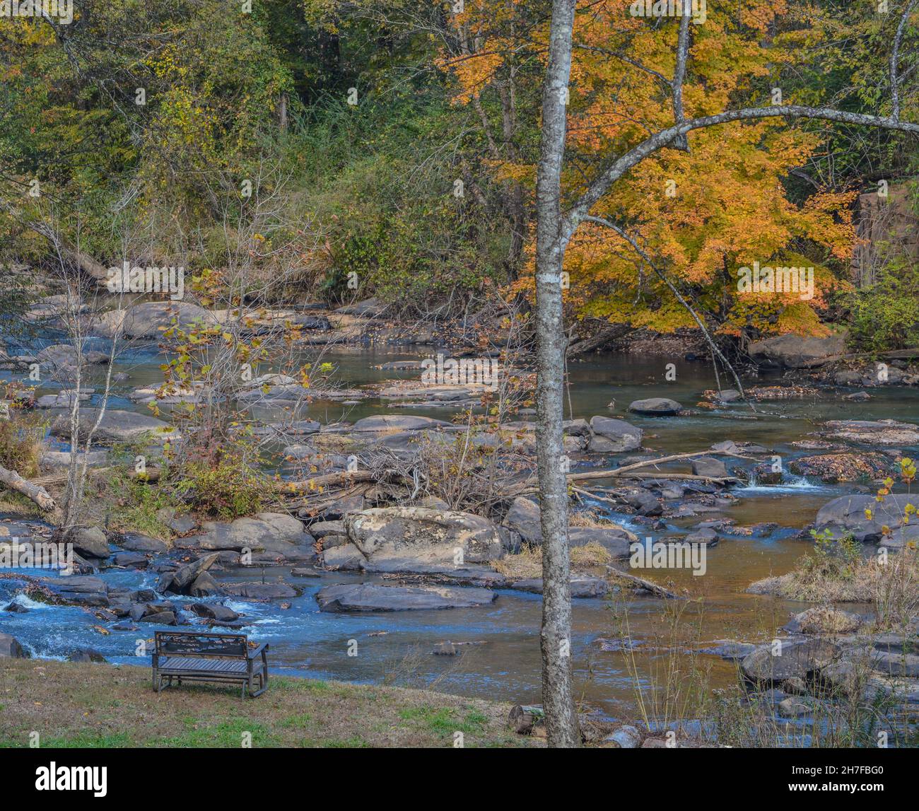 A bench next to Ogeechee River flowing over the river rock in the ...