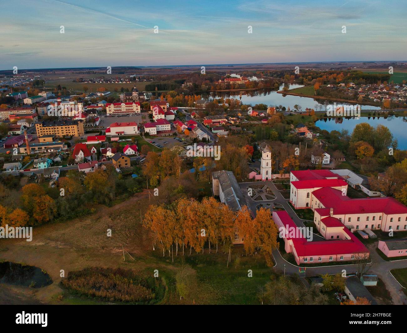 Aerial view of the buildings, lakes and parks in the Minsk region ...
