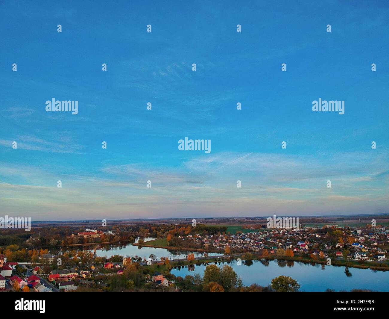 Aerial view of the buildings, lakes and parks in the Minsk region ...