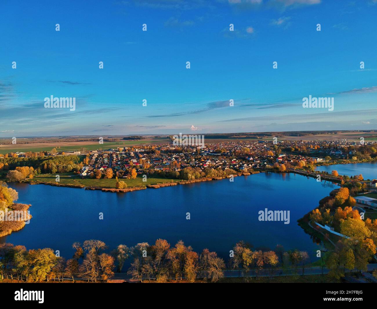 Aerial view of the buildings, lakes and parks in the Minsk region ...