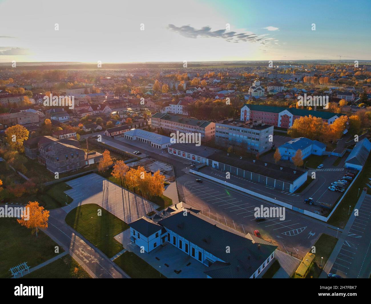 Aerial view of the buildings and parks in the Minsk region, Belarus ...