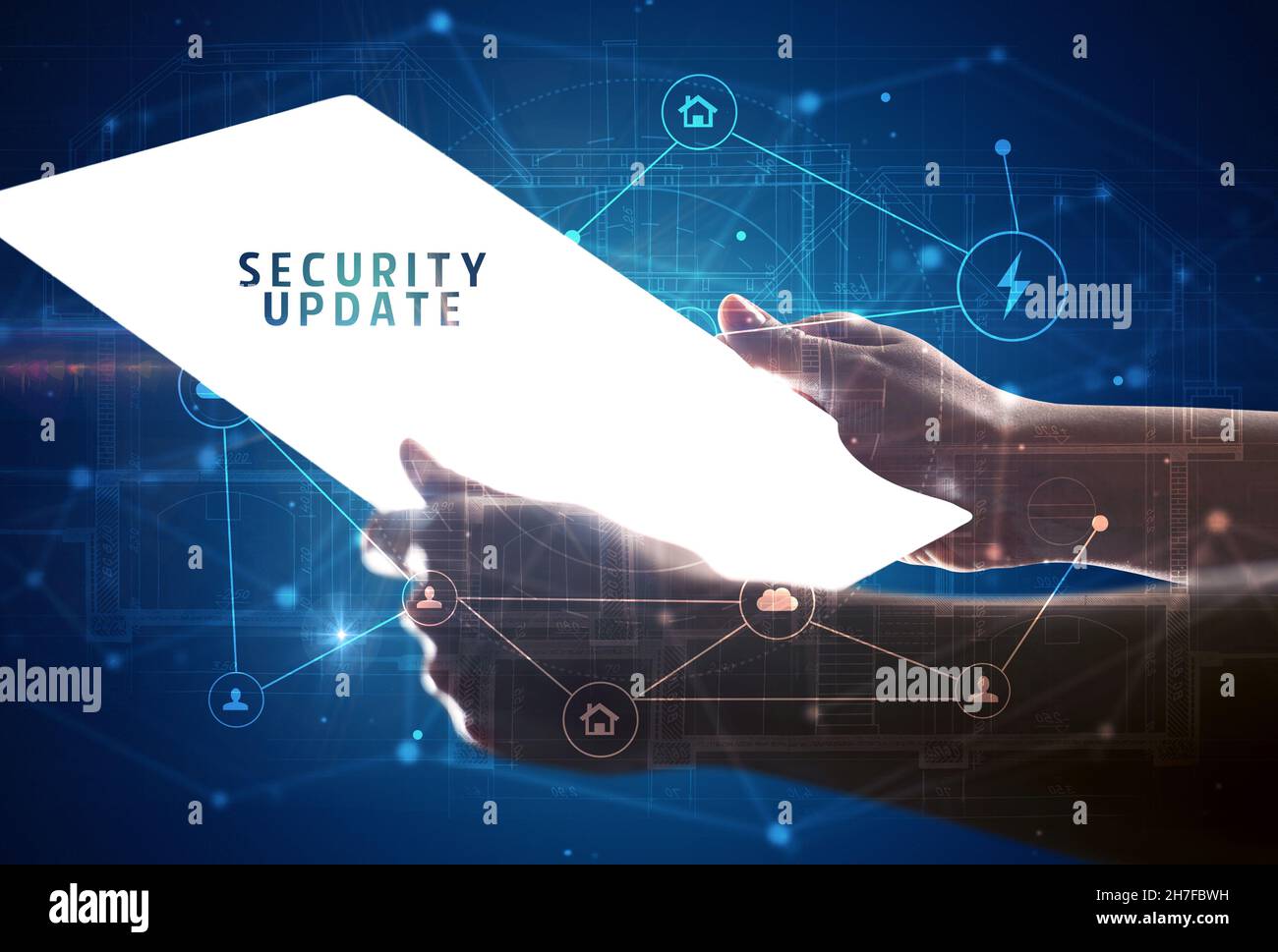 Holding futuristic tablet, security concept Stock Photo - Alamy