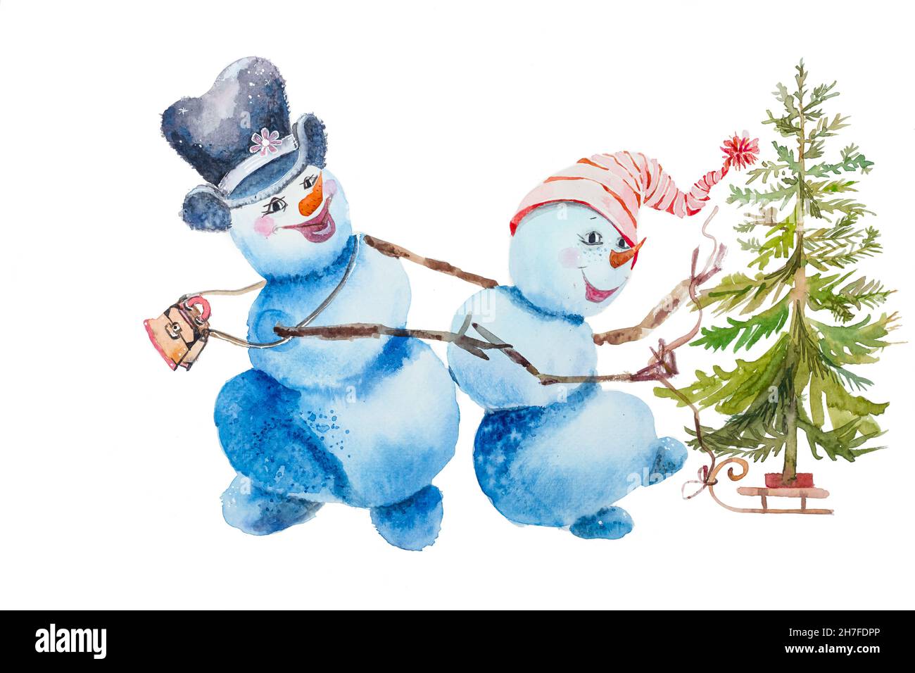 A couple of snowmen are carrying a sled with a Christmas tree Stock ...