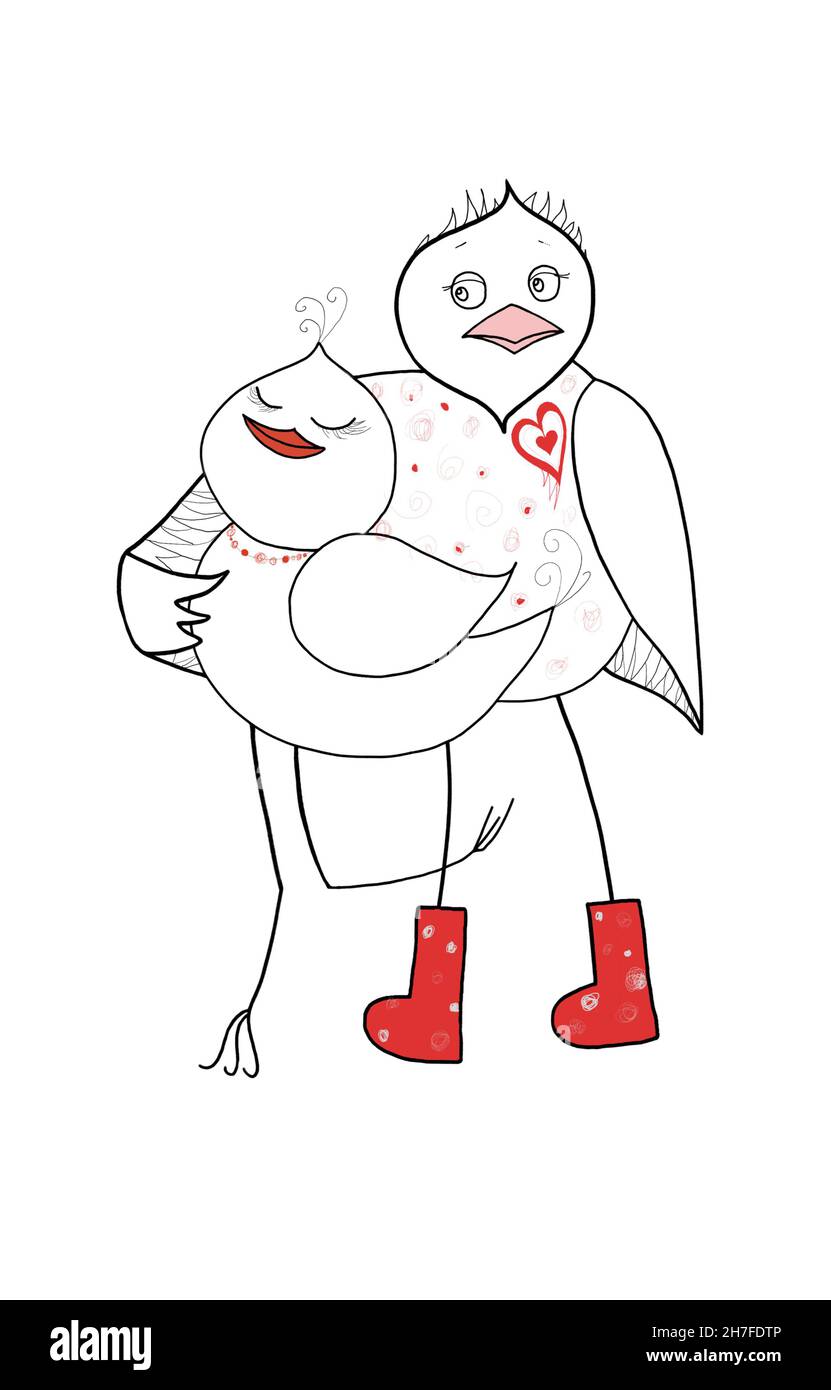 Cute couple of birds hugging isolated on white background Stock Photo ...