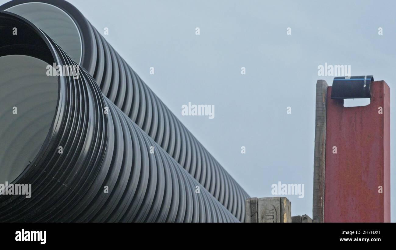 Warehouse of finished plastic pipes industrial outdoors storage site ...