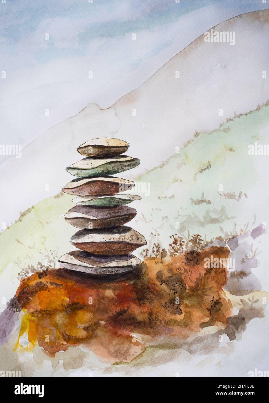 Balance of a stack of stones on a nature background painted in ...