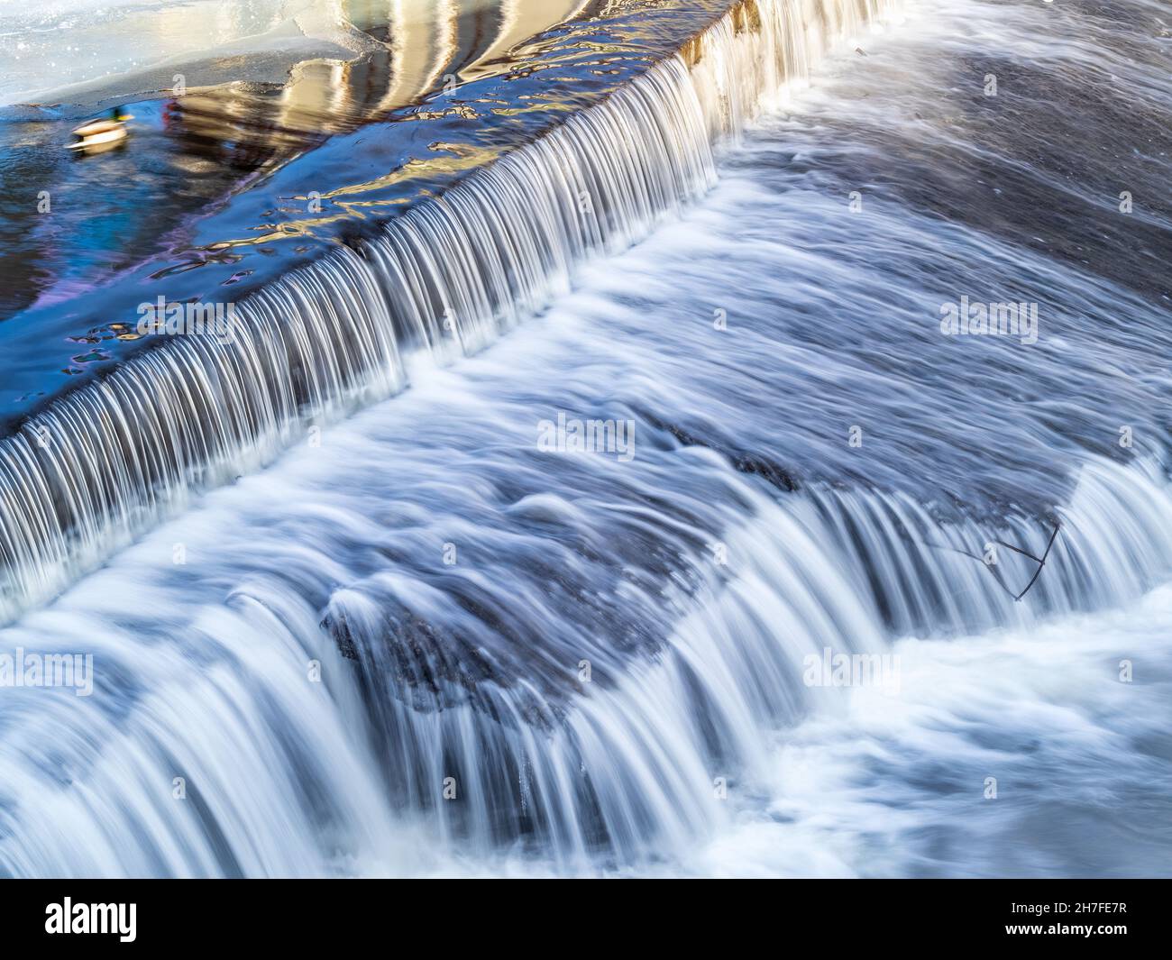 A small flat cascade in a calm river. Water background Stock Photo - Alamy