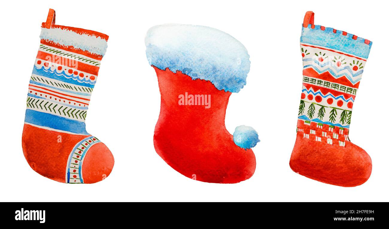 Christmas socks collection watercolor illustration isolated on white ...
