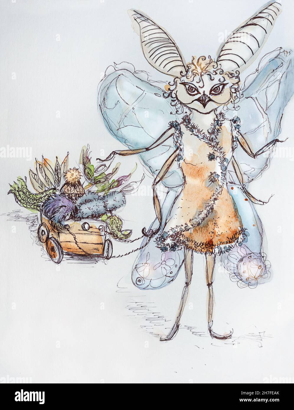 A sketch of a fairy moth carrying a cart with plants Stock Photo - Alamy