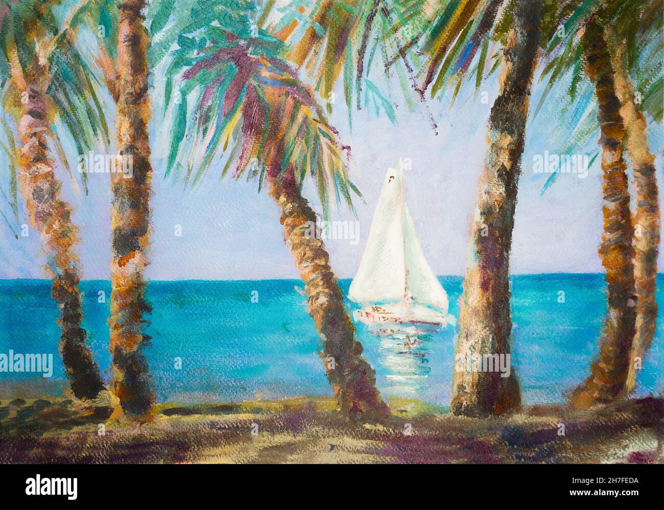 Boat at sea view through palm trees watercolor drawing Stock Photo - Alamy