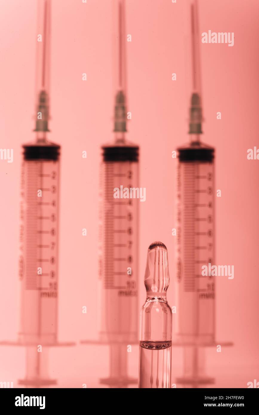 Glass medical ampoule vial for injection. Medicine is liquid sodium ...
