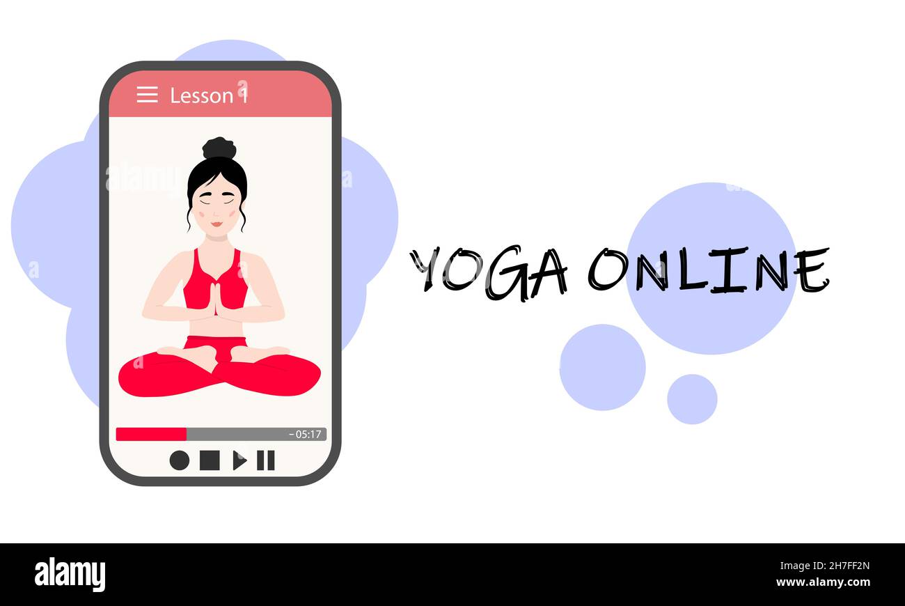 Yoga classes online. A pretty Asian girl shows an asana on the ...