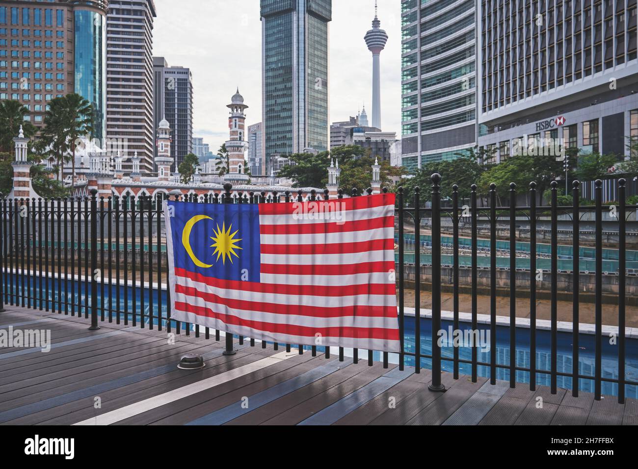 Flag of Malaysia hanging from a fence on the Merdeka Square in Kuala ...