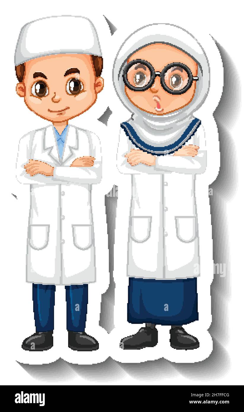 Scientist muslim couple kids cartoon character sticker illustration ...