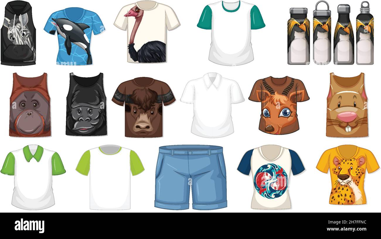 Set of different shirts and accessories with animal patterns ...