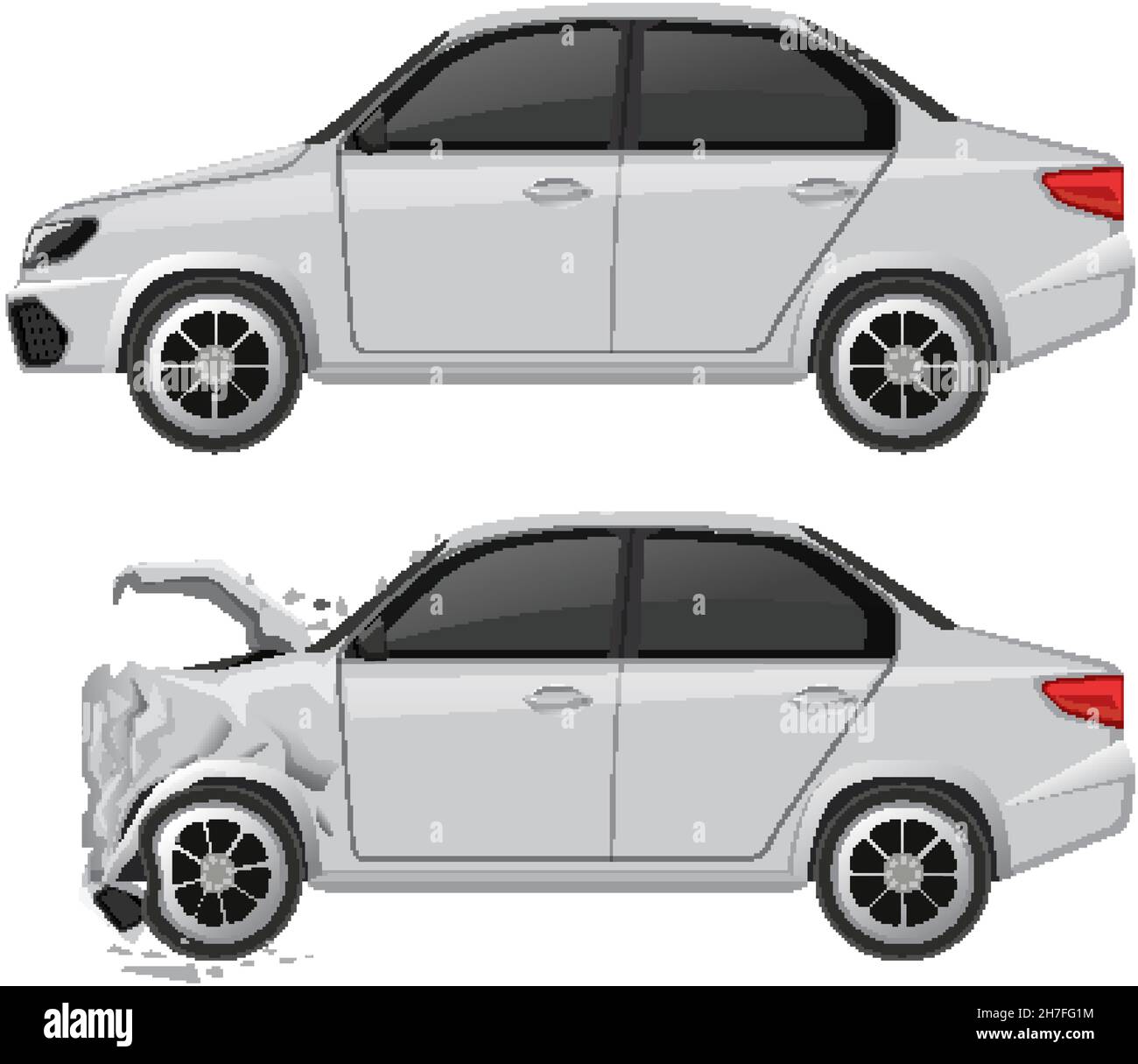 White sedan car and wrecked car on white background illustration Stock ...