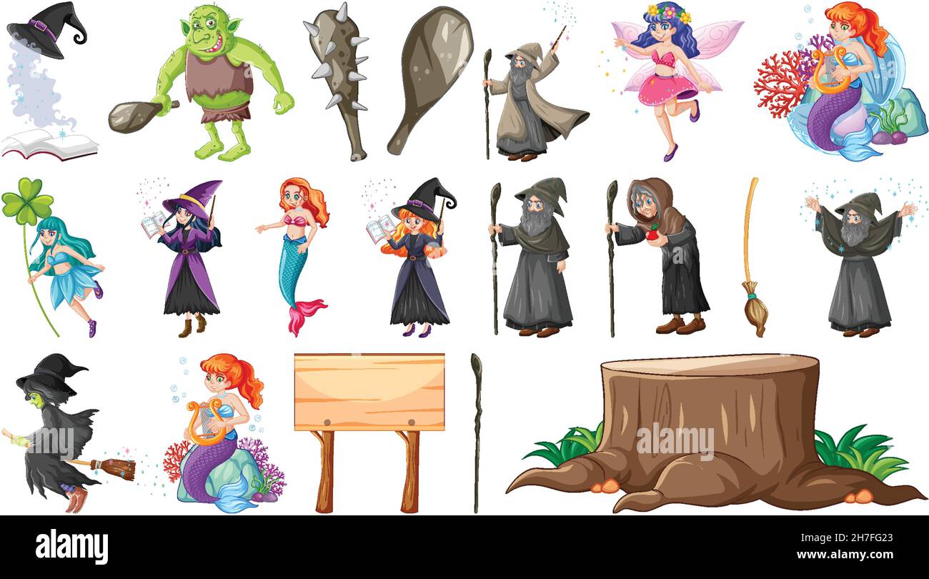 Set of fantasy fairy tale characters and elements illustration Stock ...