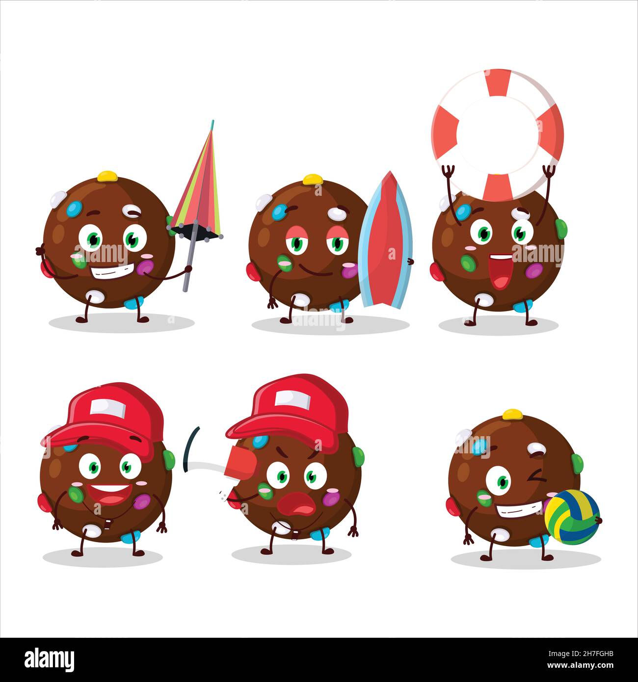 Happy Face Chocolate Candy Cartoon Character Playing On A Beach Vector