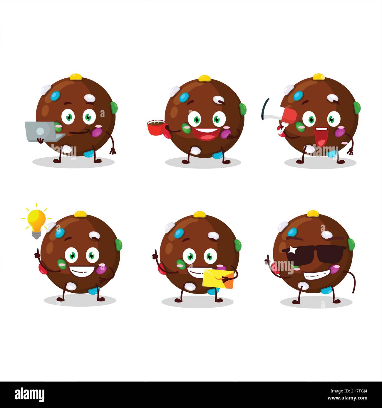 Chocolate candy cartoon character with various types of business ...