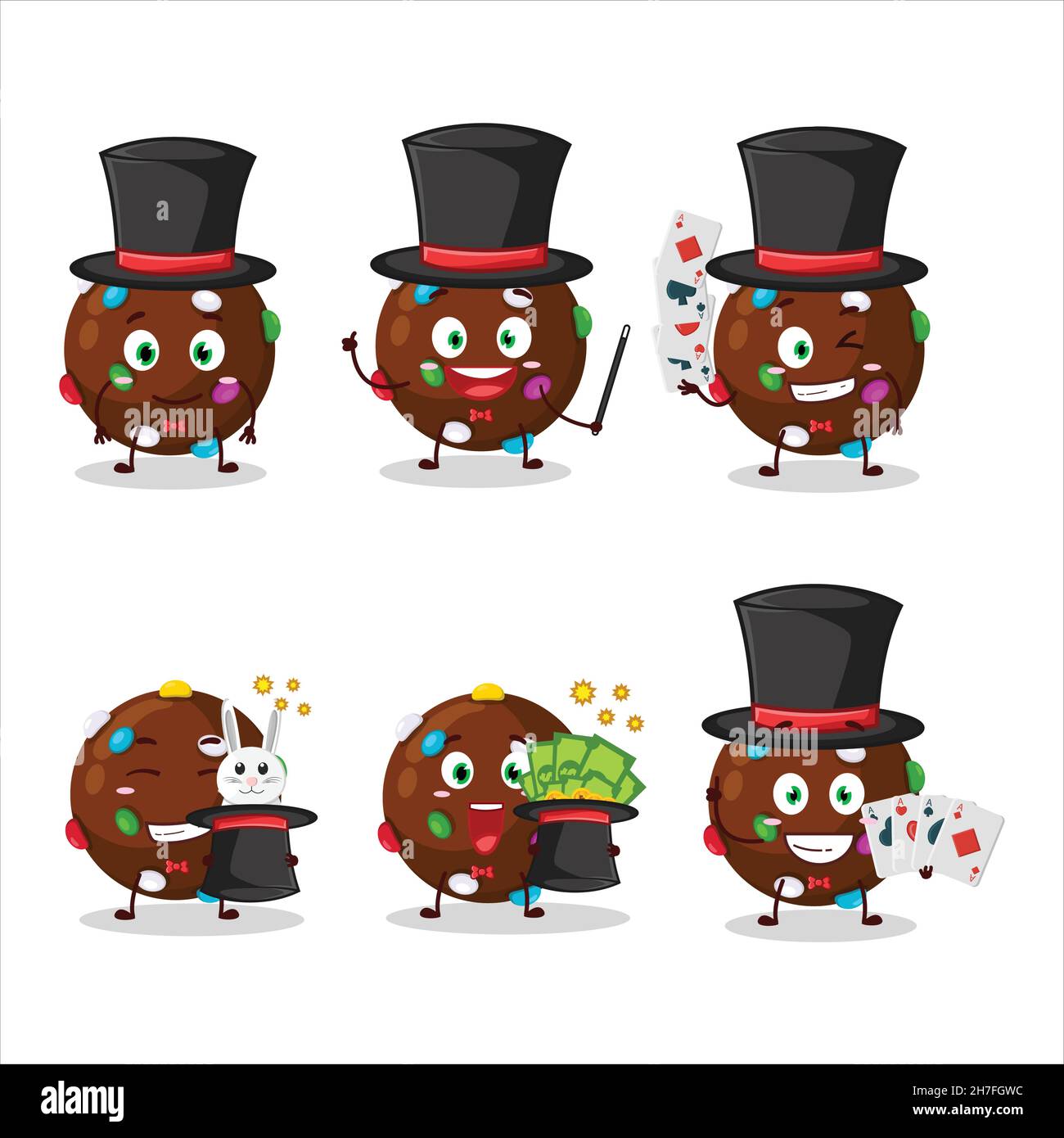 A chocolate candy Magician cartoon character perform on a stage. Vector ...