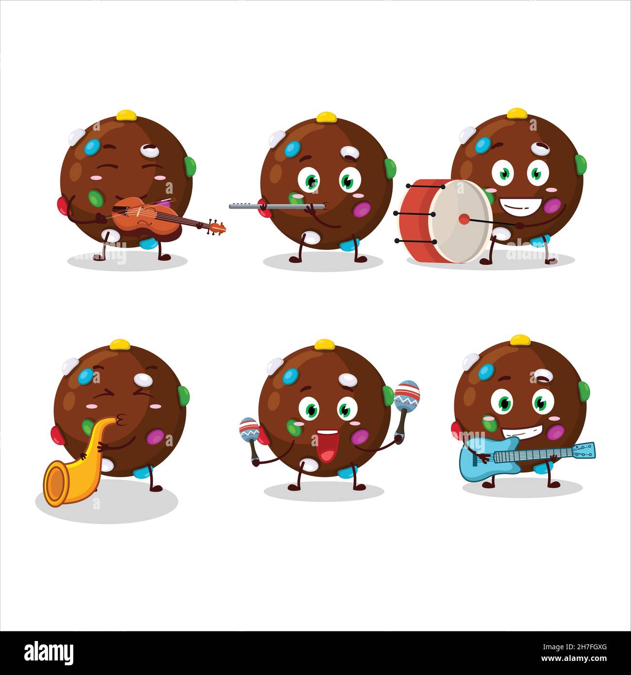 Cartoon character of chocolate candy playing some musical instruments ...