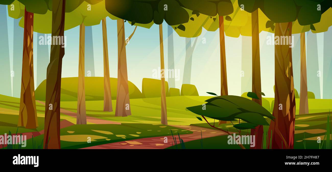 Summer forest with path, green grass, bushes and leaves on trees ...