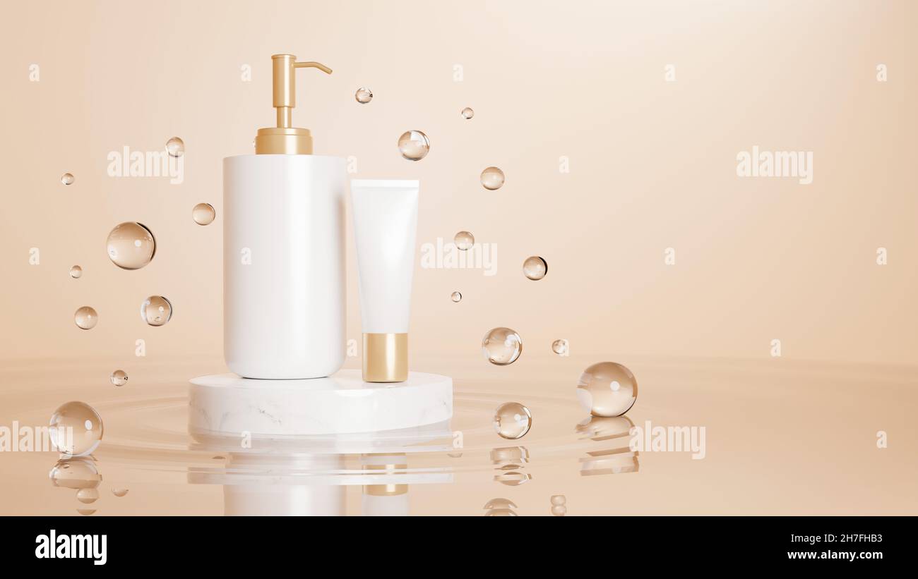 White shampoo, liquid soap or body lotion bottle mockup and white tube ...
