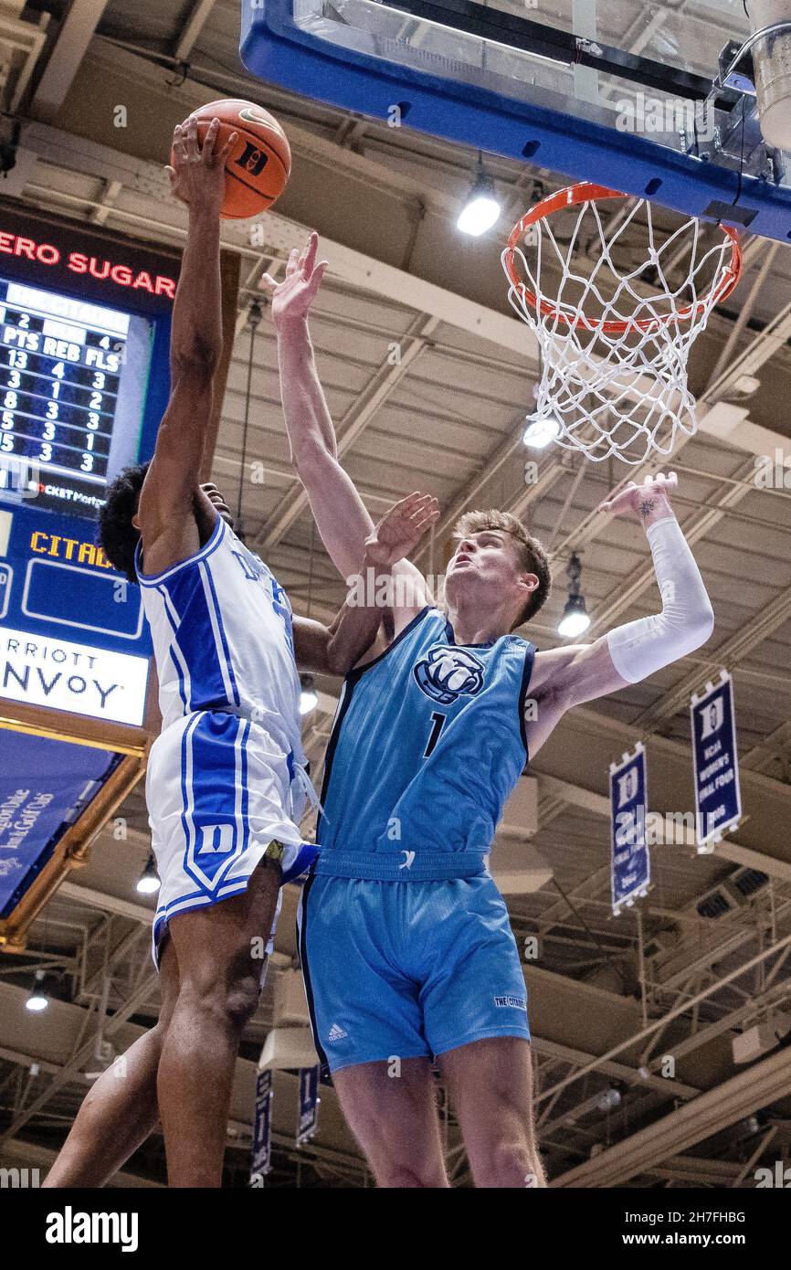 Durham, NC, USA. 22nd Nov, 2021. Duke Blue Devils guard Jeremy Roach (3) goes for a layup around ...