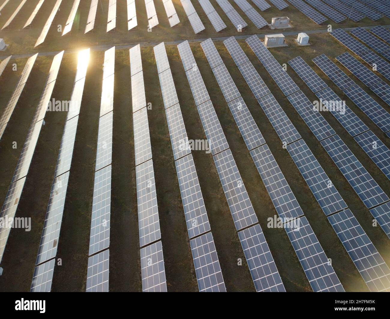 Aerial top view of a solar panels power plant. Photovoltaic solar ...