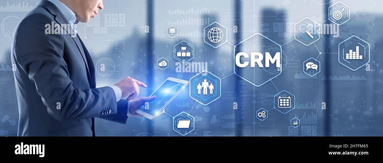 Customer relationship management system concept. Businessman touching ... Customer relationship management system concept. Businessman touching ...